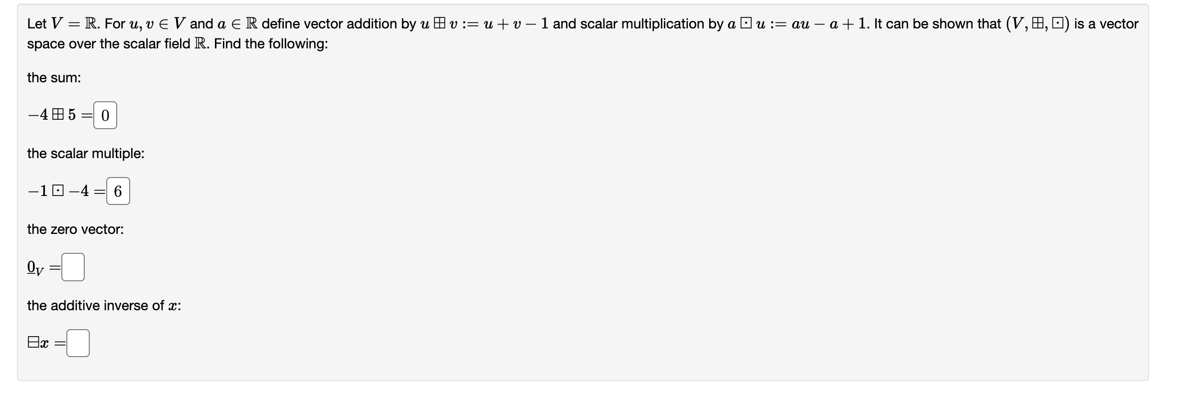 Solved Let V=R. For u,v∈V and a∈R define vector addition by | Chegg.com Solved Let V=R. For u,v∈V and a∈R define vector addition by | Chegg.com