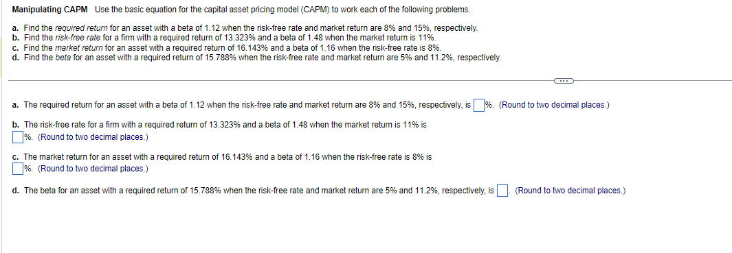 Solved Manipulating CAPM Use the basic equation for the | Chegg.com