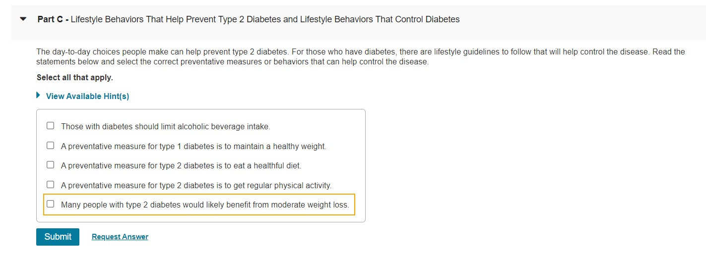 Solved Part C - Lifestyle Behaviors That Help Prevent Type 2 | Chegg.com