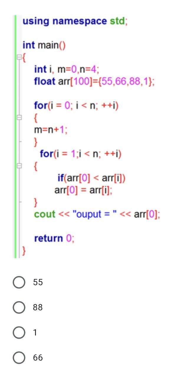 Solved using namespace std; int main() inti, m=0,n=4; float | Chegg.com