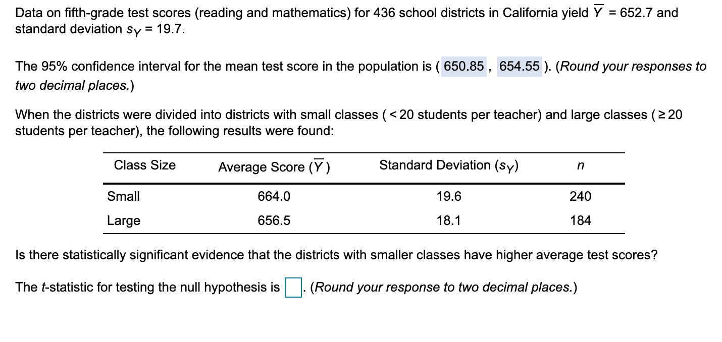 Solved Data on fifth-grade test scores (reading and | Chegg.com