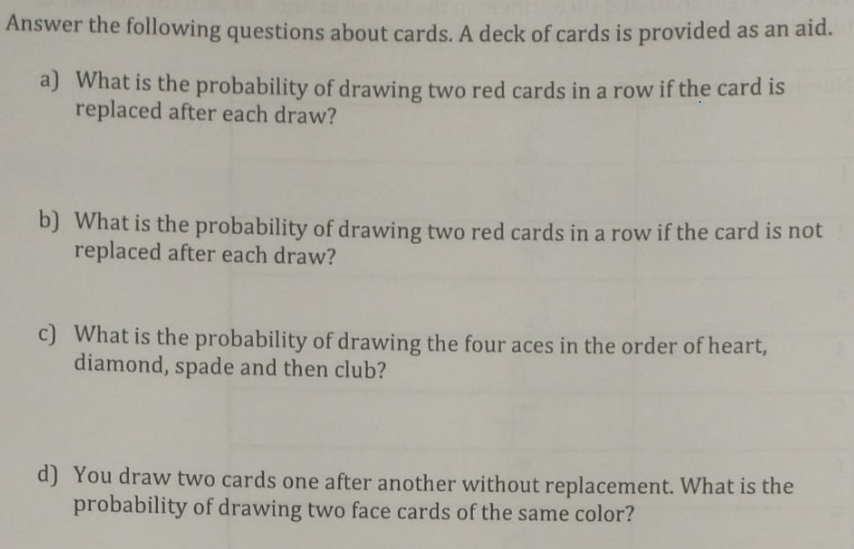 Solved Answer the following questions about cards. A deck of | Chegg.com