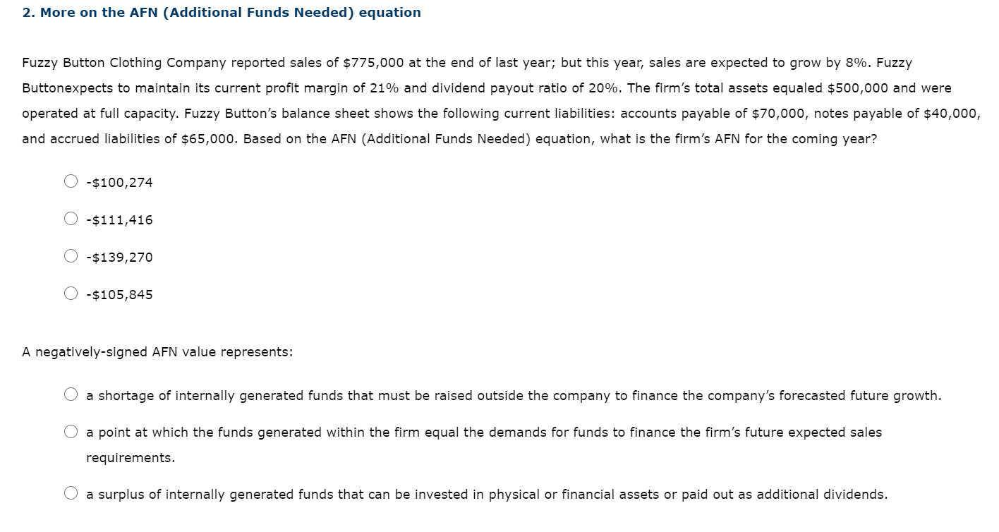 Solved 2. More on the AFN (Additional Funds Needed) equation | Chegg.com