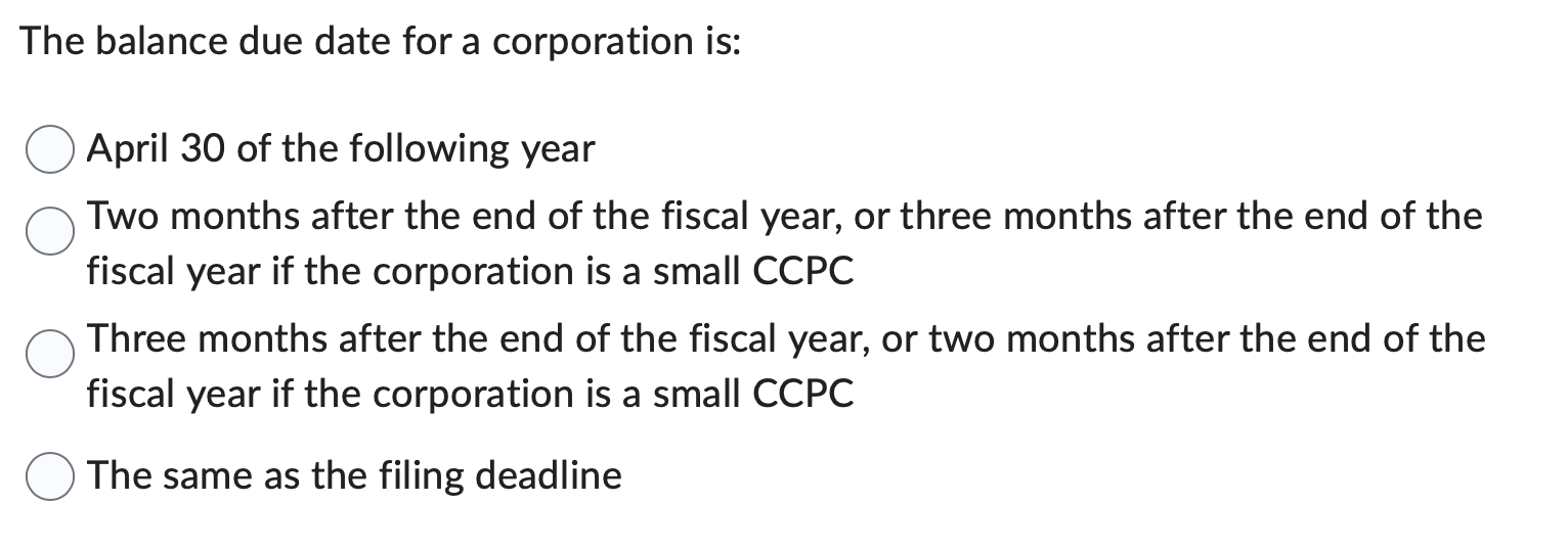 Solved The balance due date for a corporation is: April 30 | Chegg.com