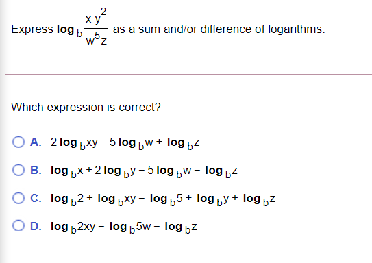 Solved 2 ху Express log 5. wºz as a sum and/or difference of | Chegg.com