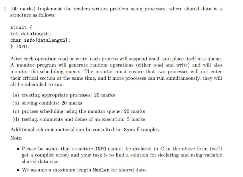 Solved 1. (60 marks) Implement the readers writers problem | Chegg.com
