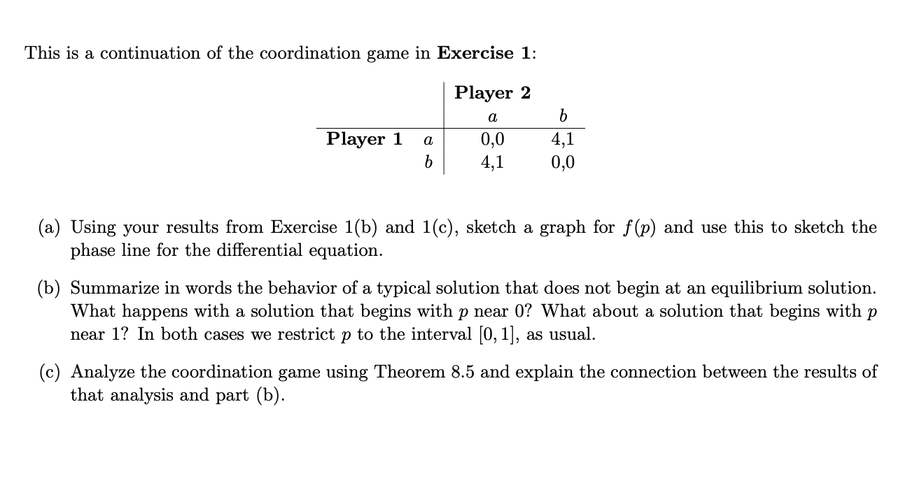 Consider the following coordination game: Player 2 a | Chegg.com