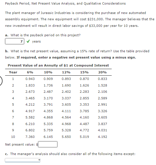 Solved Payback Period, Net Present Value Analysis, and | Chegg.com