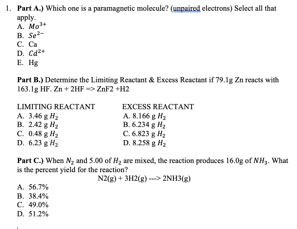 Solved 3+ 1. Part A.) Which one is a paramagnetic molecule? | Chegg.com