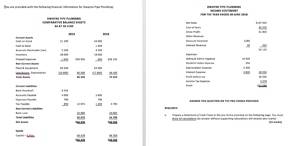 Solved DWAYNE PIPE PLUMBING CASH FLOW STATEMENT FOR THE YEAR | Chegg.com