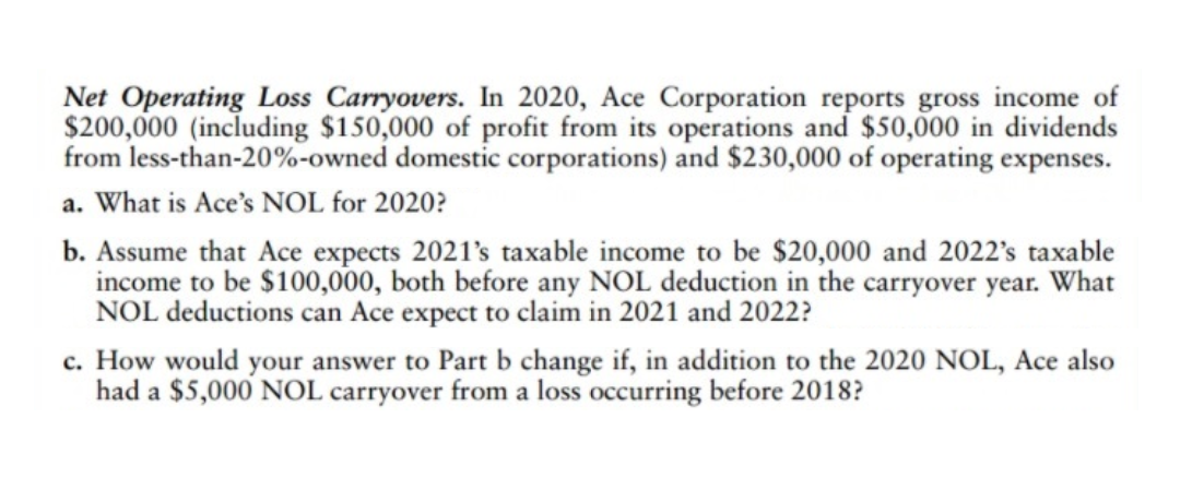 Solved Net Operating Loss Carryovers. In 2020, Ace | Chegg.com