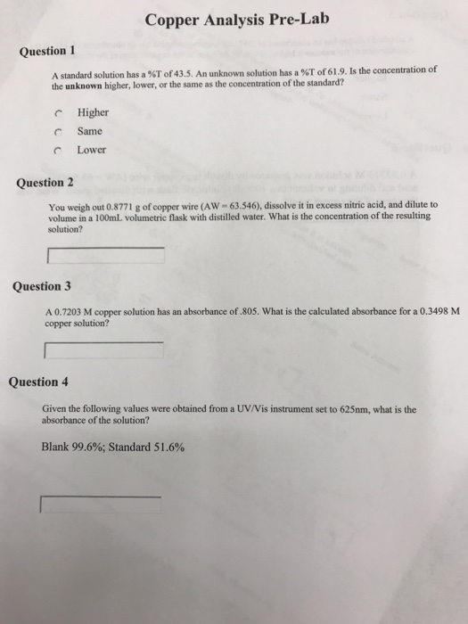 Solved Copper Analysis Pre-Lab Question 1 A standard | Chegg.com