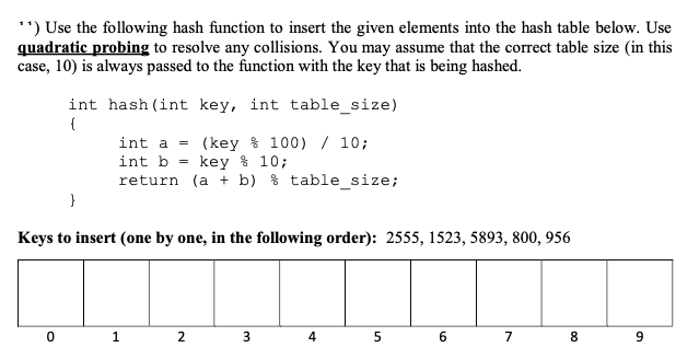 Solved Use the following hash function to insert the given | Chegg.com