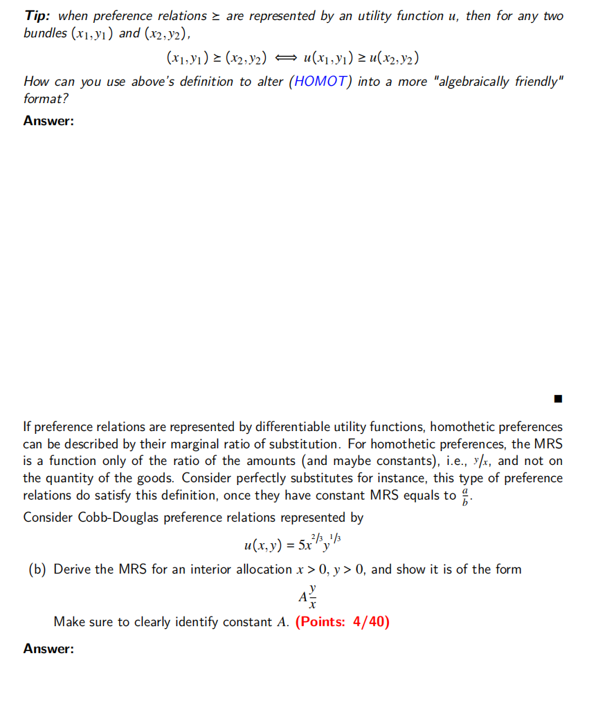 1. A very important class of preference relations is | Chegg.com