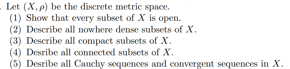 Solved Let (x,ρ) ﻿be the discrete metric space.(1) ﻿Show | Chegg.com