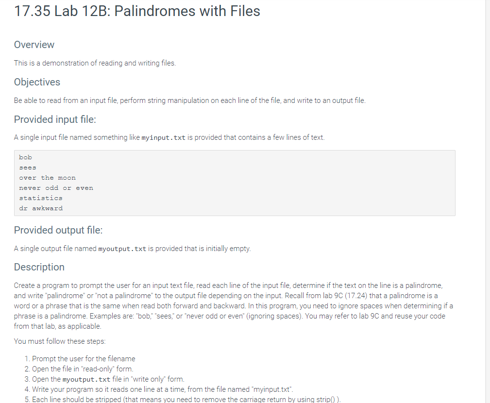 Solved 17.35 Lab 12B: Palindromes with Files Overview This | Chegg.com