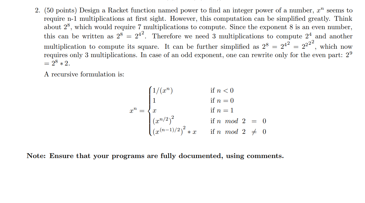 Solved 2. (50 points) Design a Racket function named power | Chegg.com