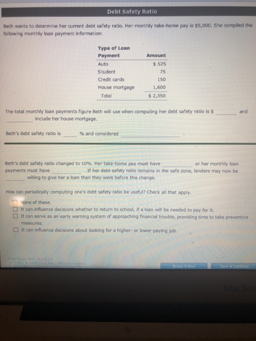 Solved Debt Safety Ratio Beth wants to determine her current | Chegg.com