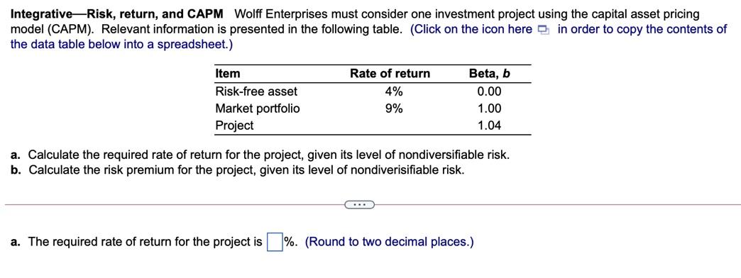 Solved Integrative Risk, return, and CAPM Wolff Enterprises | Chegg.com