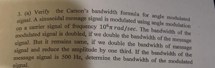 3. (a) Verify the Carson's bandwidth formula for | Chegg.com