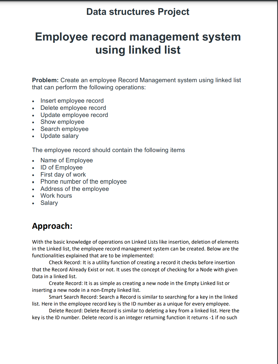 Solved Data structures Project Employee record management | Chegg.com