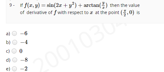 Solved If f(x,y)=sin(2x+y2)+arctan(xy) then the value of | Chegg.com