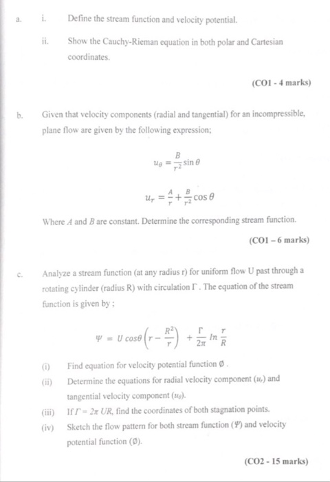 Solved a Define the stream function and velocity potential | Chegg.com