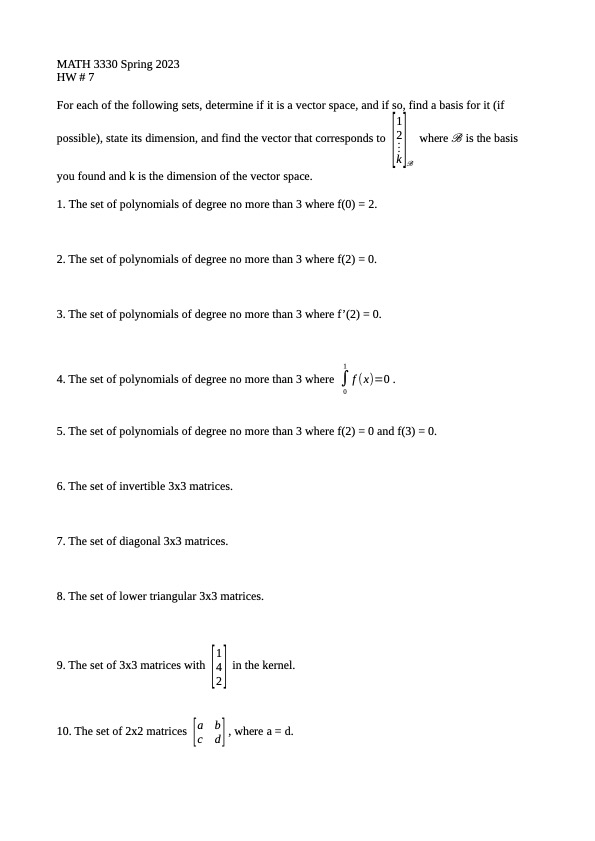 MATH 3330 Spring 2023 HW 7 For each of the following | Chegg.com