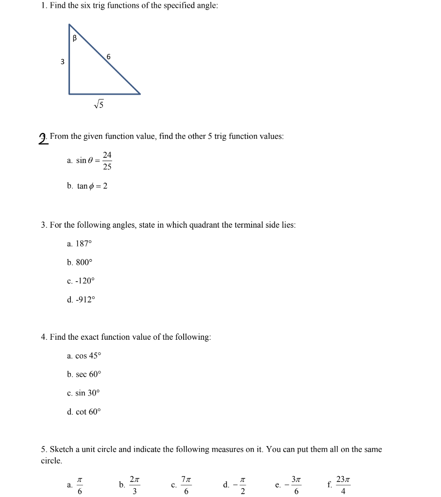 Solved 1 Find The Six Trig Functions Of The Specified