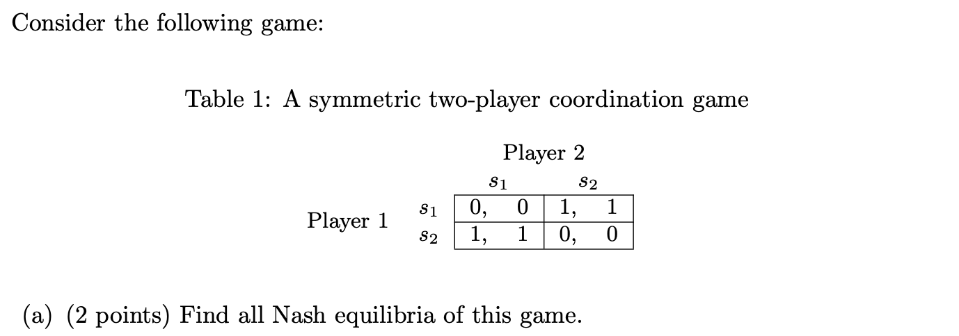 Solved Consider the following game: Table 1: A symmetric | Chegg.com