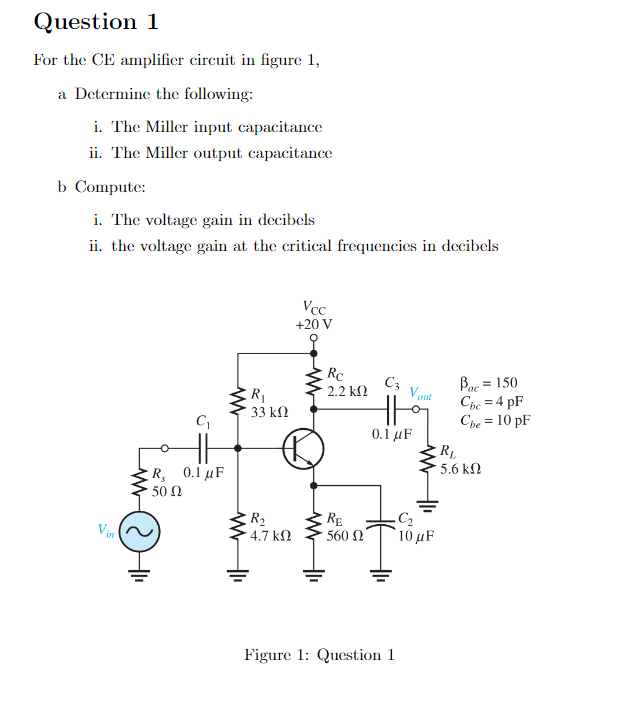 Solved Question 1 For the CE amplifier circuit in figure 1, | Chegg.com