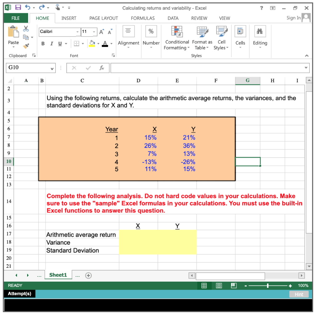 Solved Calculating returns and variability - Excel ? X FILE | Chegg.com