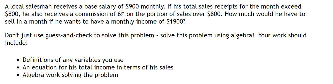 Solved A local salesman receives a base salary of $900 | Chegg.com
