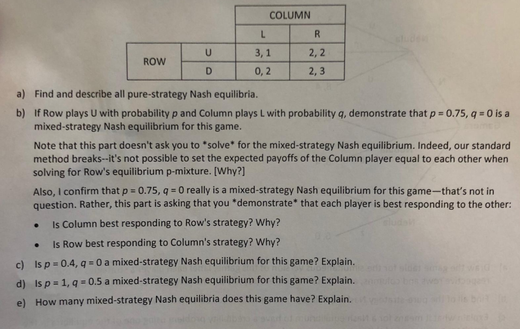 Solved COLUMN U , LIR 3,1 2,2 0,2 2,3 ROW D a) Find and | Chegg.com