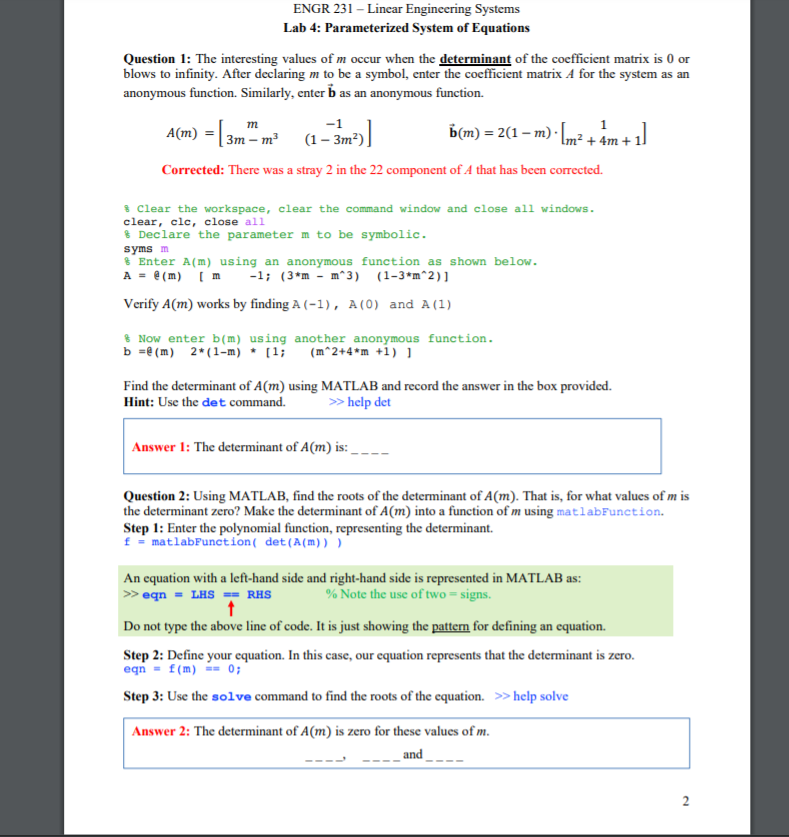 Solved ENGR 231 - Linear Engineering Systems Lab 4: | Chegg.com