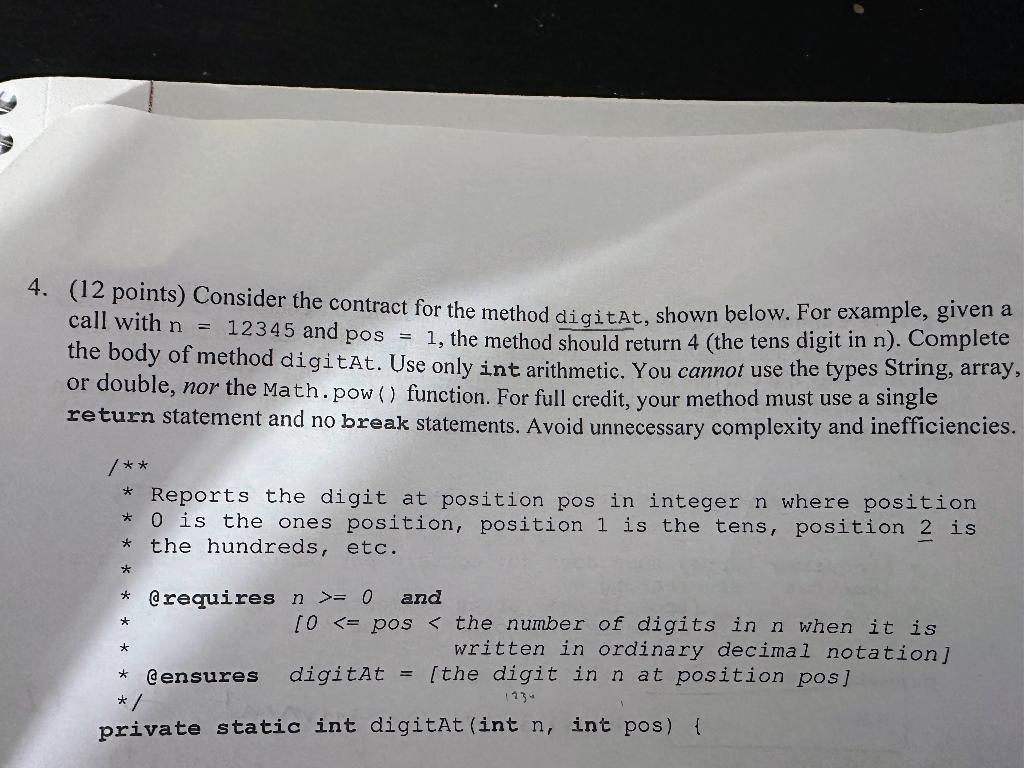 Solved 4. (12 points) Consider the contract for the method | Chegg.com