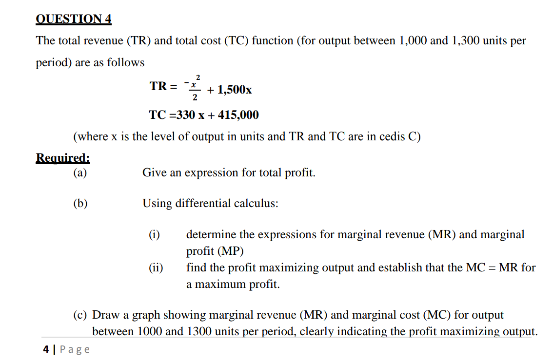 Solved QUESTION 4 The total revenue (TR) and total cost (TC) | Chegg.com