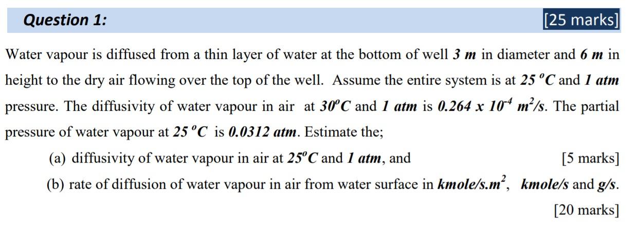 Solved Question 1: [25 marks] Water vapour is diffused from | Chegg.com