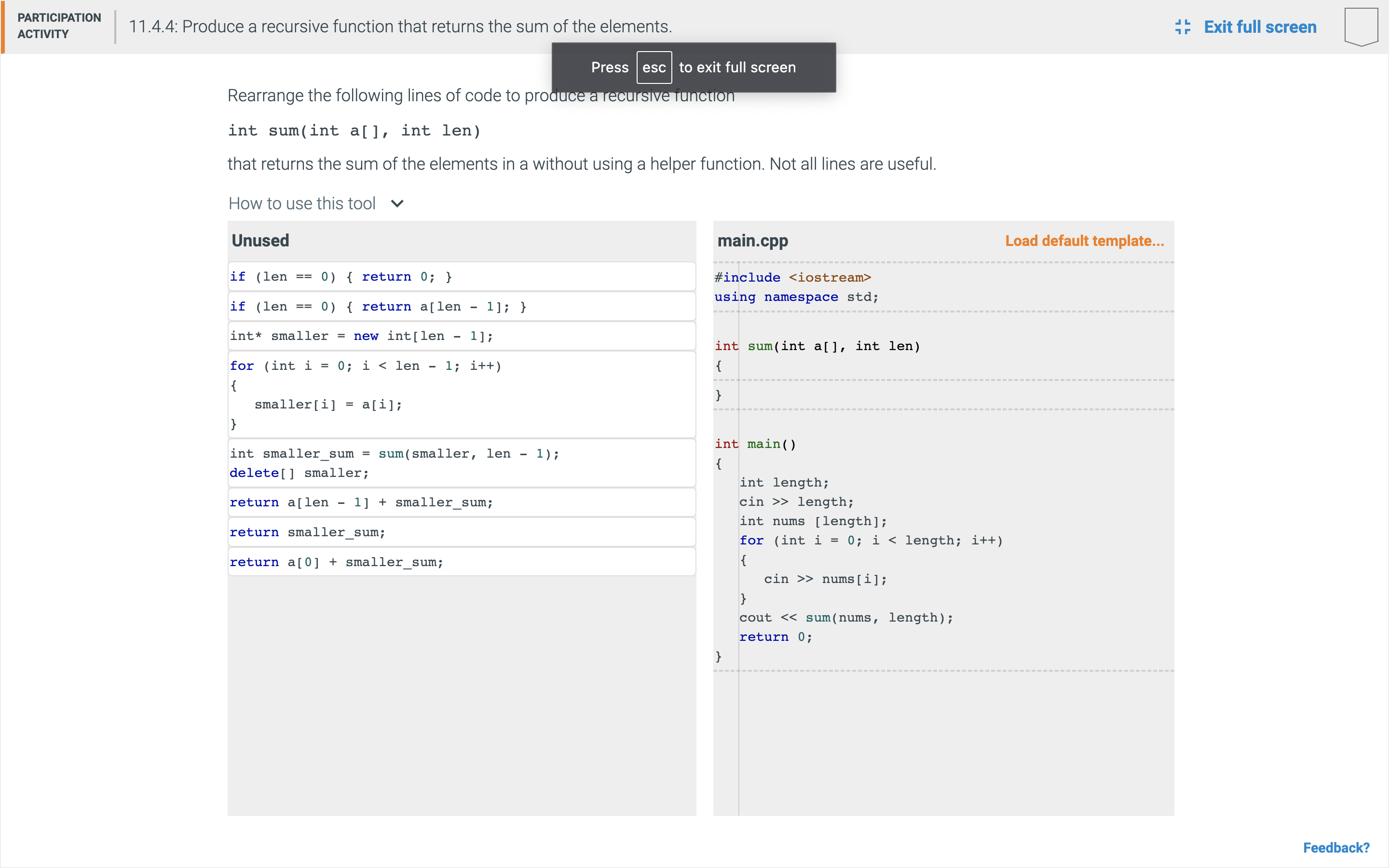 Solved Rearrange the following lines of code to produce a | Chegg.com