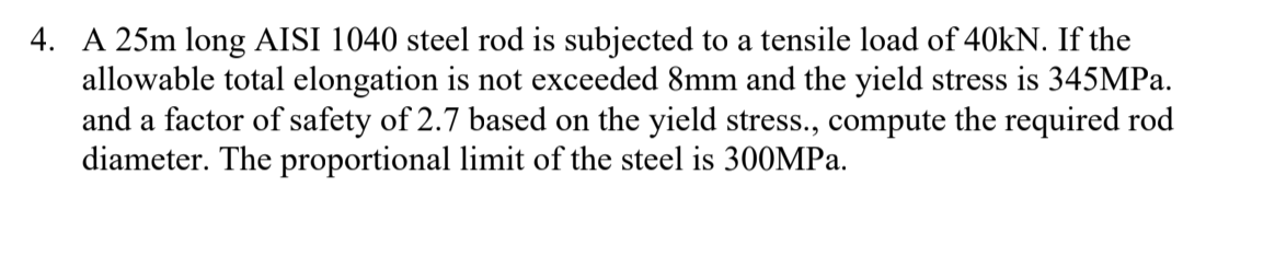 Solved 4. A 25m long AISI 1040 steel rod is subjected to a | Chegg.com