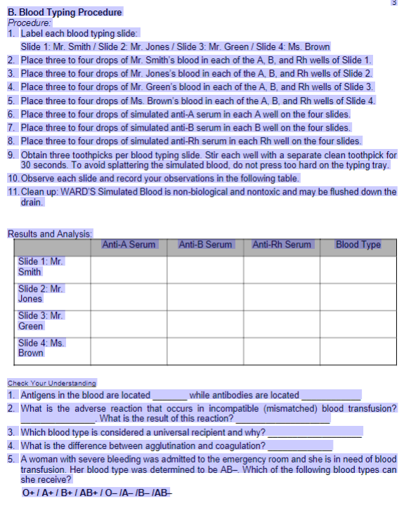 Solved B. Blood Typing Procedure Procedure: 1. Label each | Chegg.com