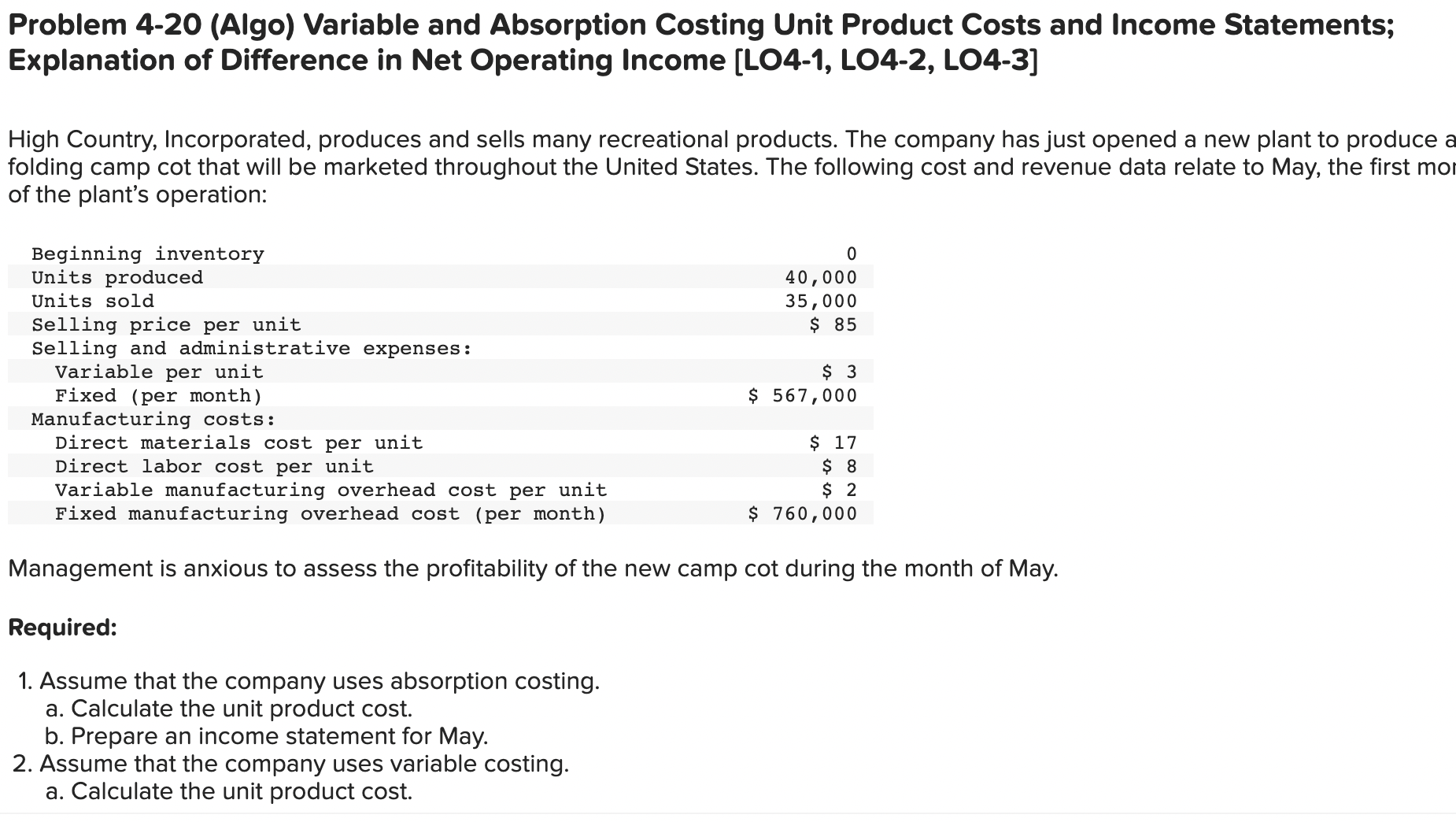 Solved Problem 4-20 (Algo) Variable and Absorption Costing | Chegg.com