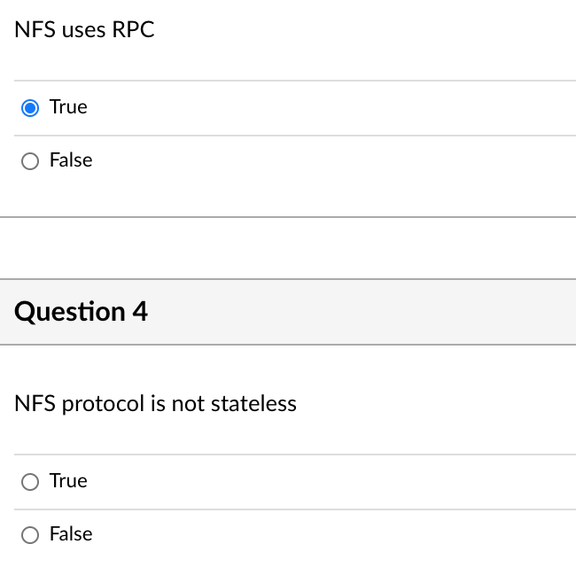 Solved NFS uses RPC True O False Question 4 NFS protocol is | Chegg.com