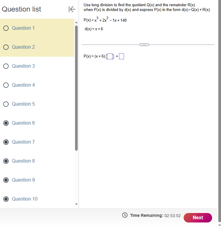 Solved use long division to find the quotient Q(x) ﻿and the | Chegg.com