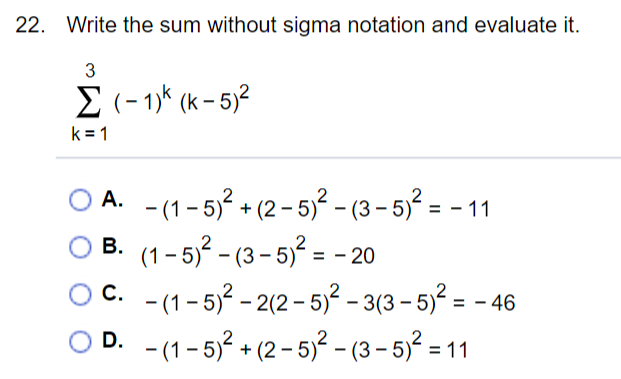 Solved 22. Write the sum without sigma notation and evaluate | Chegg.com