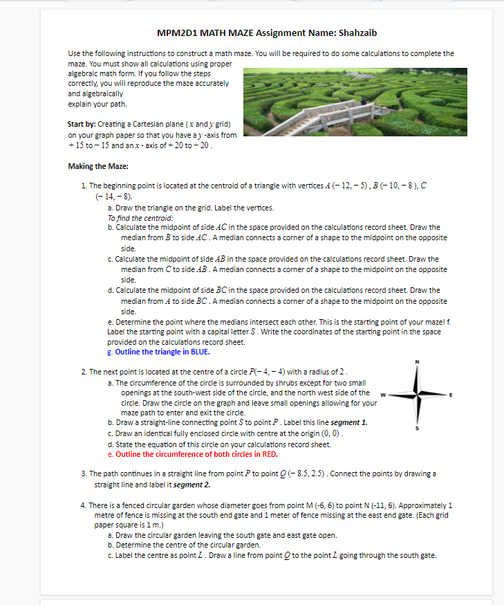Solved MPM2D1 MATH MAZE Assignment Name: Shahzaib Use the | Chegg.com