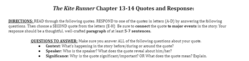 The Kite Runner Chapter 13-14 Quotes and Response: | Chegg.com