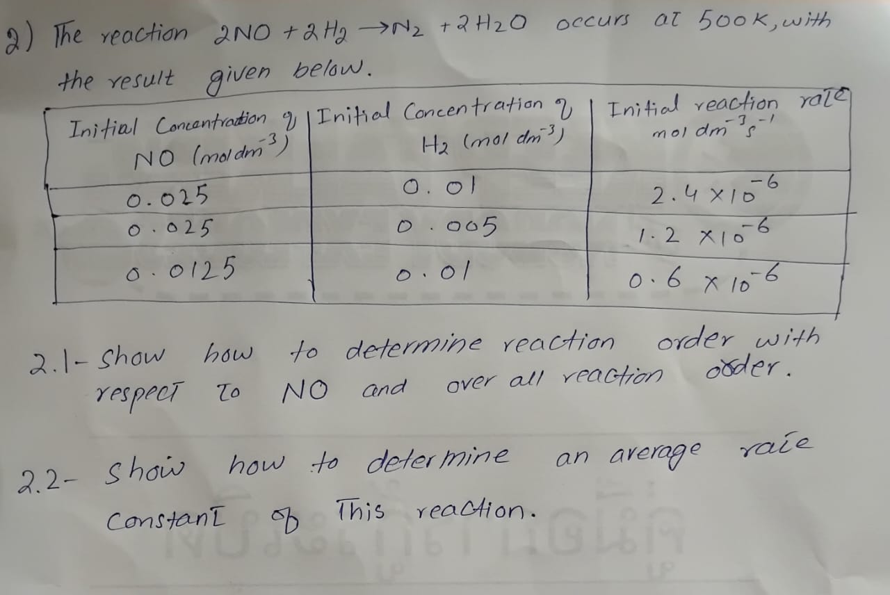 Solved The reaction 2NO+2H2→N2+2H2O ﻿occurs at 500K, | Chegg.com
