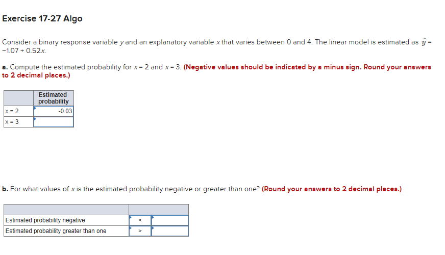 Solved Exercise 17-27 Algo Consider a binary response | Chegg.com