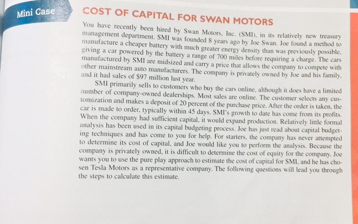 Solved COST OF CAPITAL FOR SWAN MOTORS Mini Case You have | Chegg.com